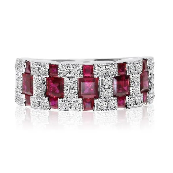 14 Karat White Gold Princess Cut Ruby and Round Diamond Wide | Corinth ...